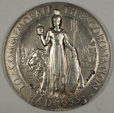 1953 Large Silver Coronation Queen Elizabeth II Medal 5.7 ozt W ...