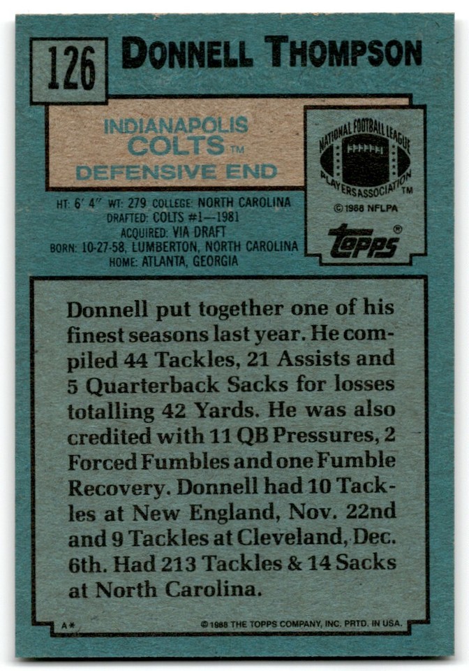1988 Topps Donnell Thompson Indianapolis Colts #126 | eBay