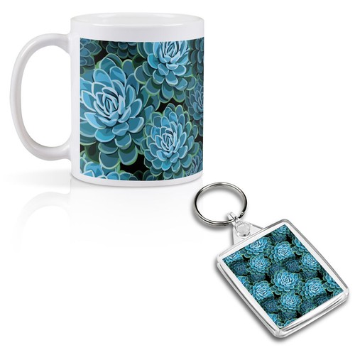 1 Mug & 1 Rectangle Keyring Blue Teal Succulent Plant #50335 | eBay UK