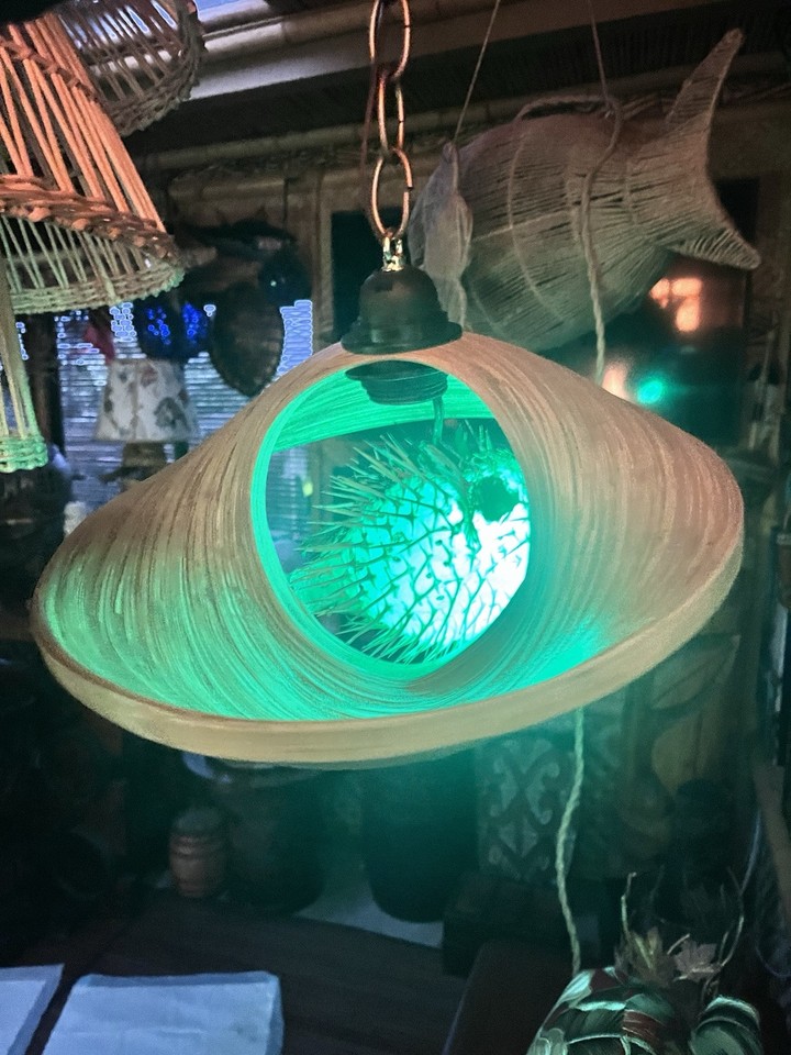 NEW Retro Bamboo Lamp With Green Puffer Fish LED Tiki bar Smokin Tikis ...