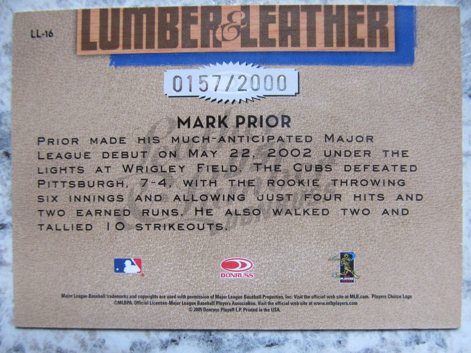 Cubs Mark Prior Signed Autographed 2005 Donruss Lumber & Leather Nr ...