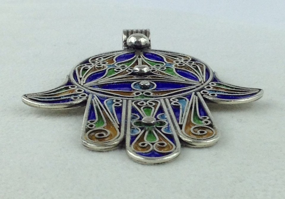 SILVER & Colored Enamel Moroccan Berber Hamsa Evil Eye Amulet Talisman ...