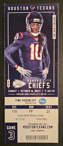 Houston Texans Kansas City Chiefs Football Ticket 10/8 2017 Tyreek Hill ...