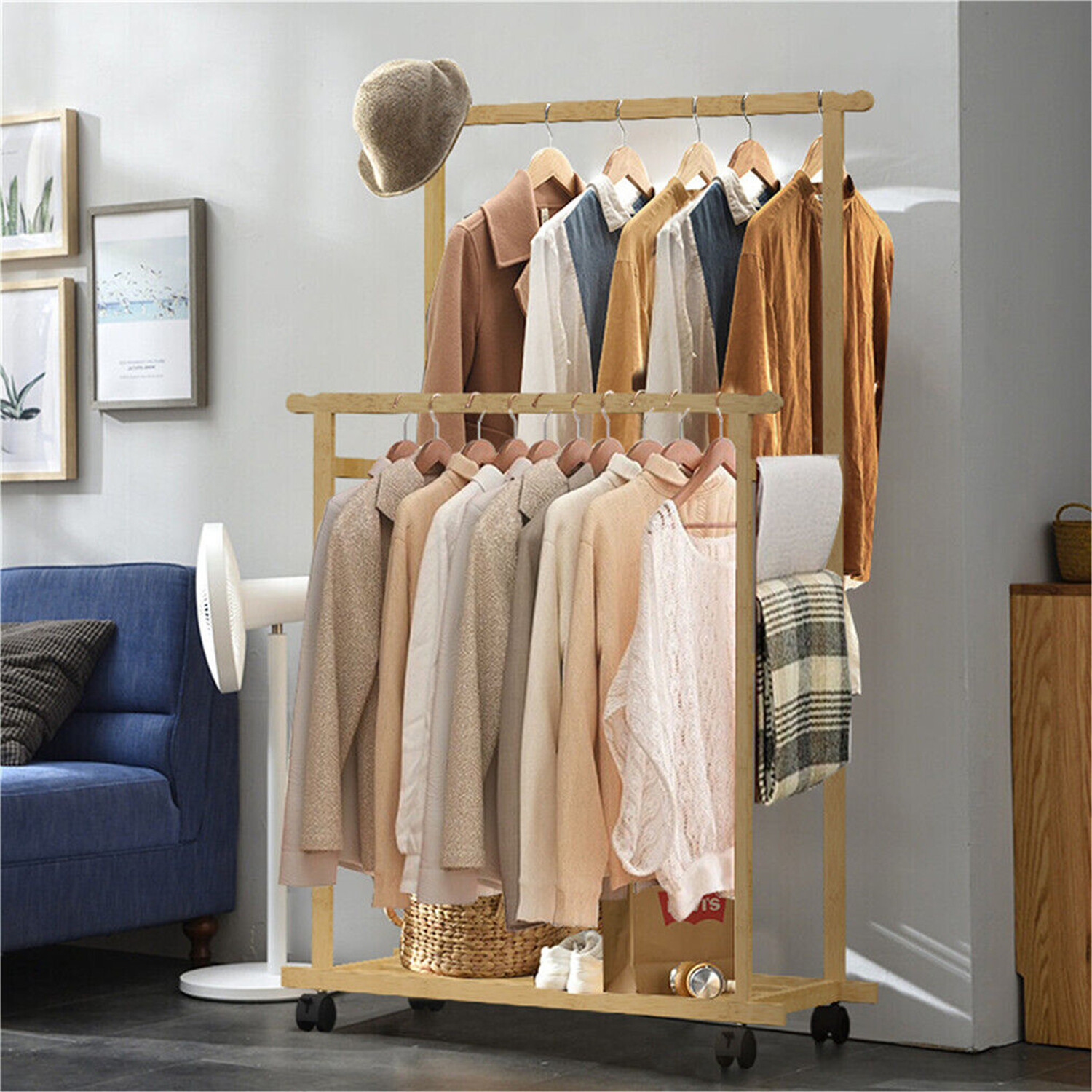 Heavy Duty Double Clothes Rail Wooden Garment Stand Hanging Rack w ...
