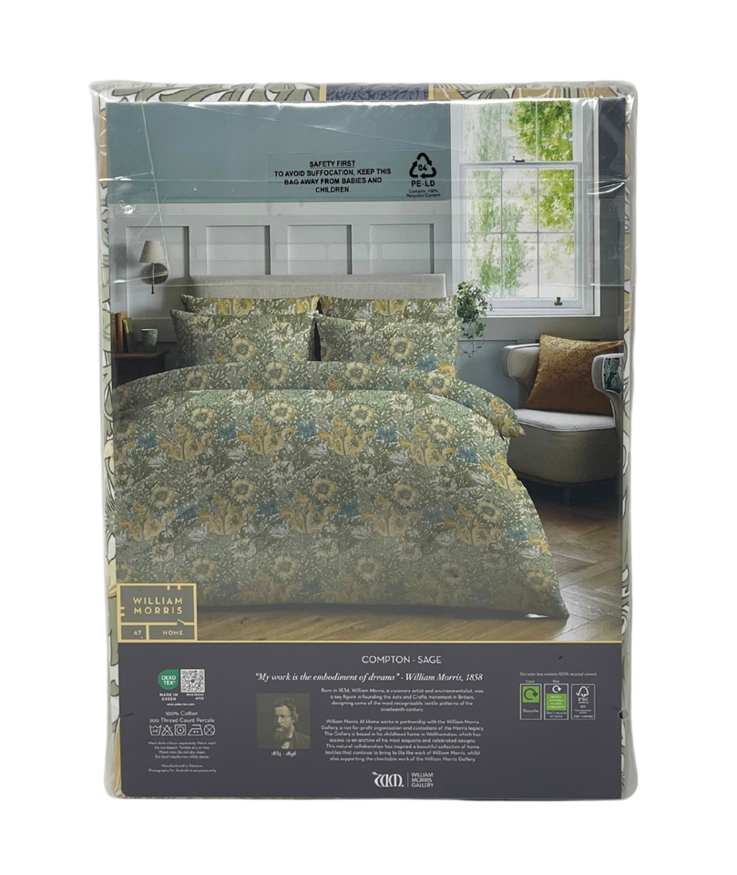 WILLIAM MORRIS KING Cotton Percale Duvet Cover Set Compton Sage French ...