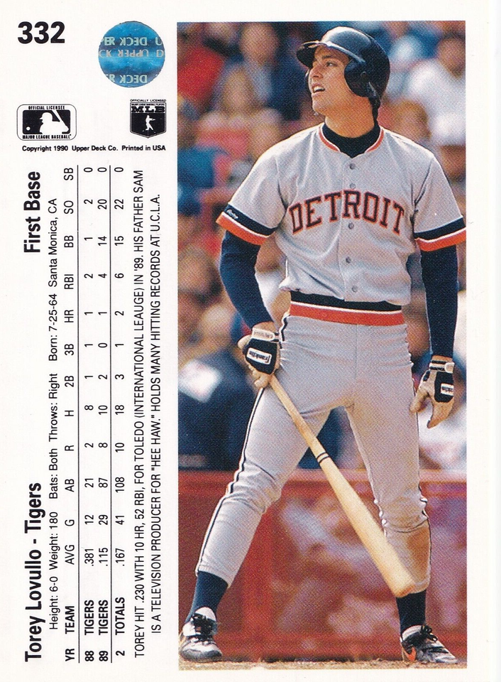1990 Upper Deck #332 Torey Lovullo Detroit Tigers + (Yes 3 Free Mystery ...