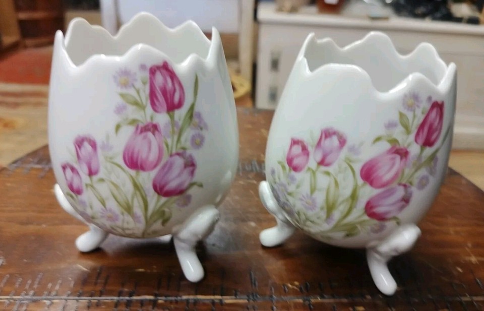 2 Vintage pink Tulip Purple Flowers Cracked EGGS Footed Vases Set #5526 ...
