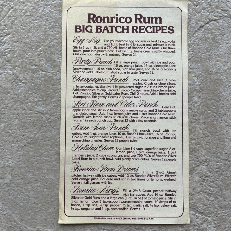 Ronrico Rum Big Batch Recipes Advertisement Recipe Card | eBay