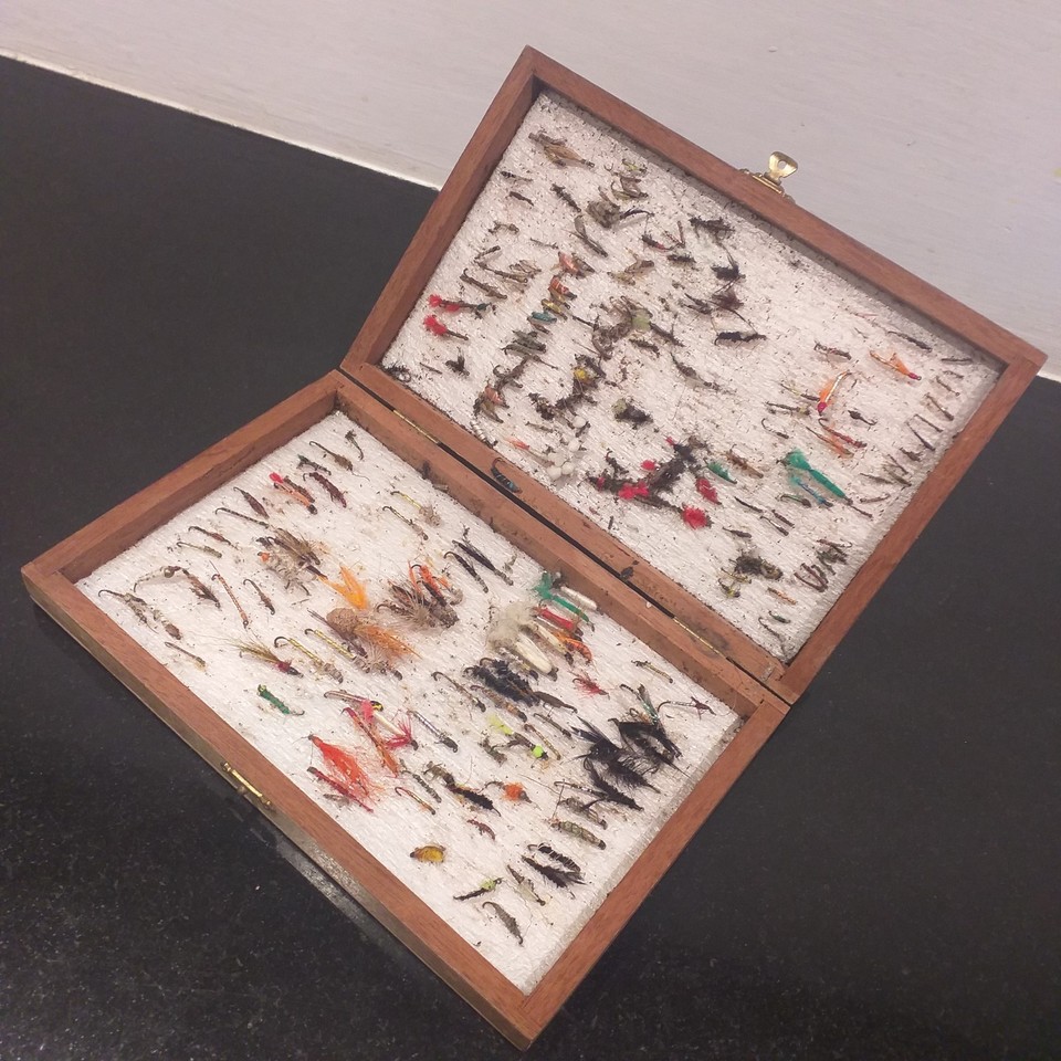 Old fishing flies in wooden fly box - trout | eBay UK