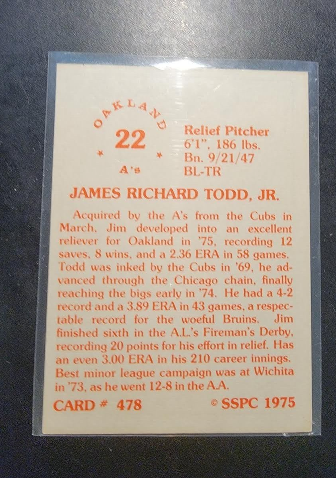 1976 SSPC #478 Jim Todd OAKLAND ATHLETICS A's NM-MINT | eBay