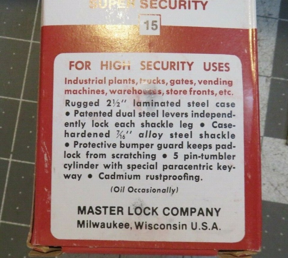 Master Lock 15 Super Security Padlock 2 Keys 5 Pin-Tumbler NOS 2-1/2 ...