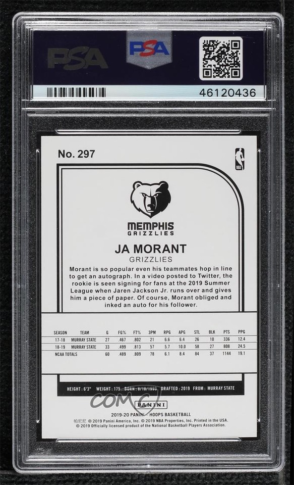 2019-20 Panini NBA Hoops Hoops Tribute Ja Morant #297 PSA 10 GEM MT 7bt ...