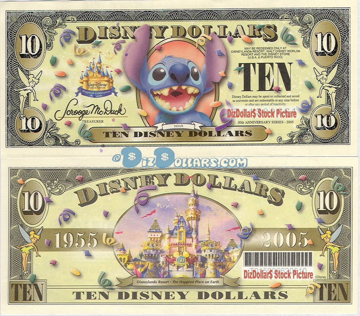 WDW 2005 $10 D Series UNCIRCULATED Barcode Disney World Dollar STITCH ...