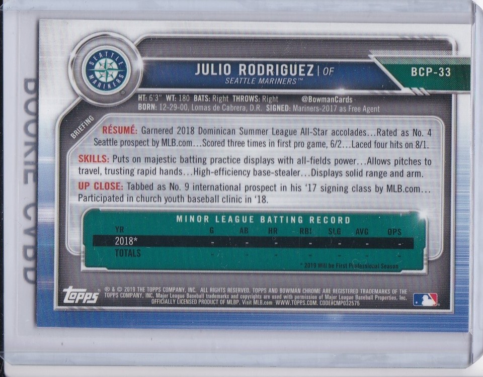 JULIO RODRIGUEZ ROOKIE CARD 2019 Bowman Chrome 1st RC Baseball SEATTLE ...