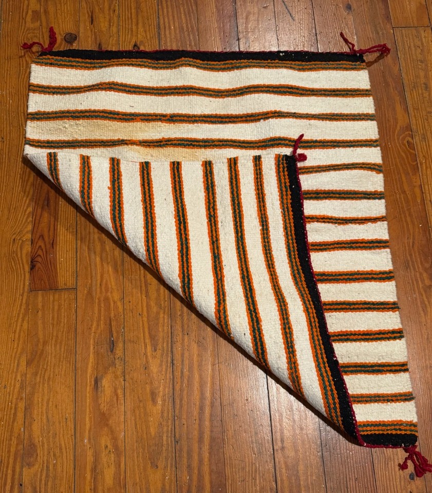 BANDED NAVAJO RUG,ORANGE & TEAL ALTERNATING W WIDE IVORY WHITE HANDSPUN ...
