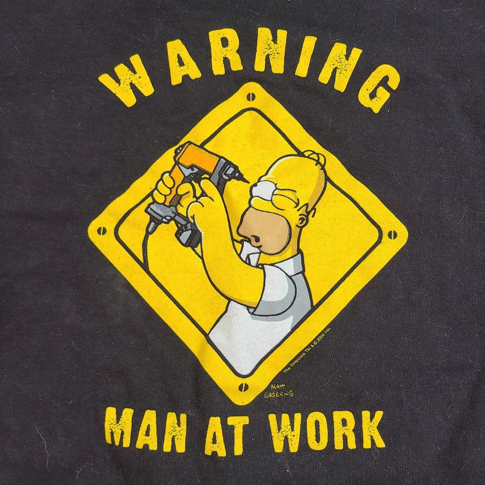 The Simpsons Large T-Shirt Homer Simpson Warning Man At Work Black Tee ...