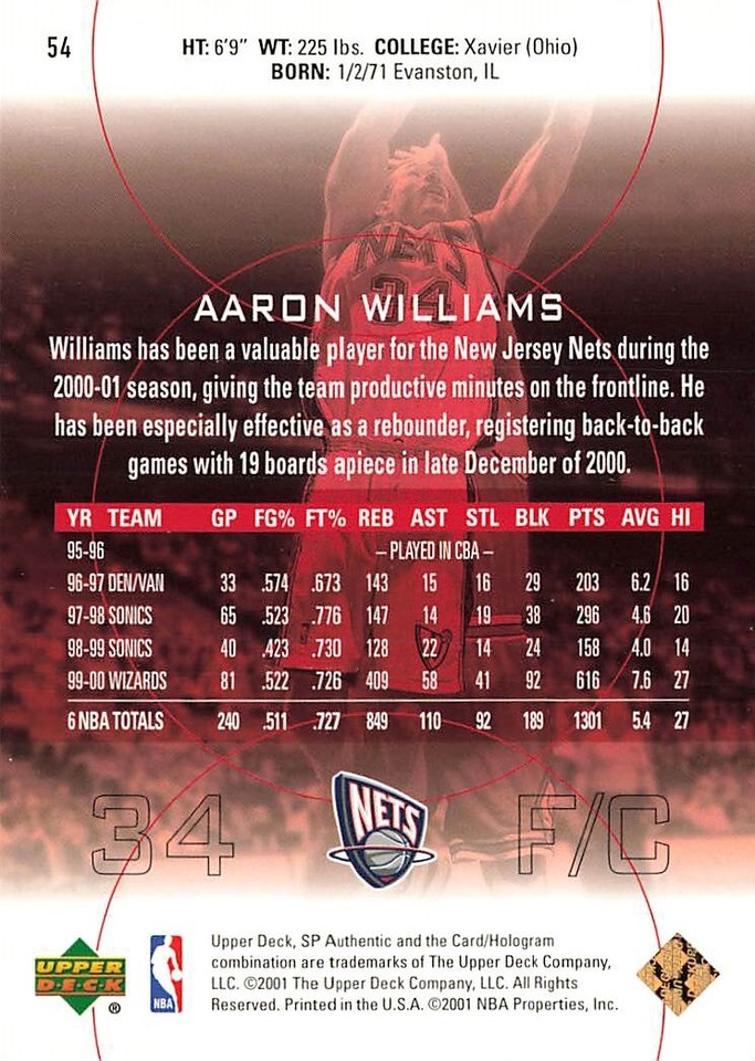 2000 SP Authentic #54 Aaron Williams New Jersey Nets | eBay