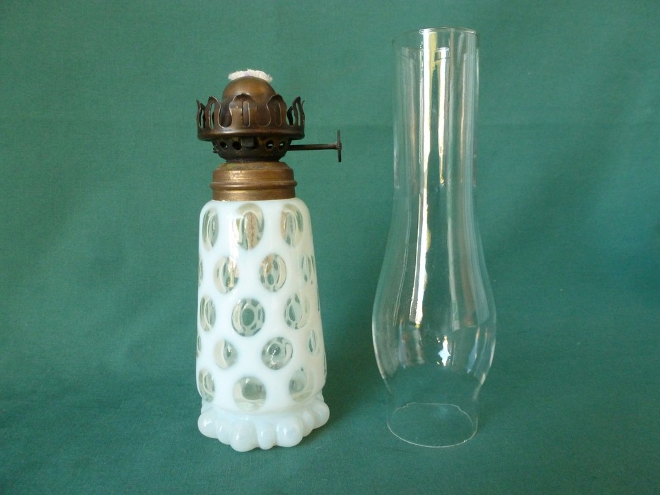 Antique White Opalescent Coin Spot Art Glass Oil Lamp | eBay