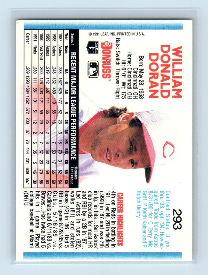 1992 Donruss Straight from Pack!!! Bill Doran Cincinnati Reds #293 | eBay