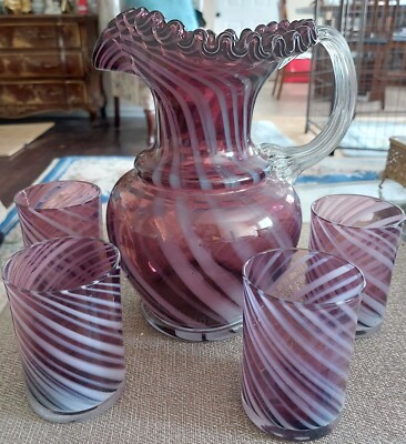 ANTIQUE FENTON CA 1935 PURPLE PLUM OPALESCENT SWIRL LEMONADE WATER SET ...