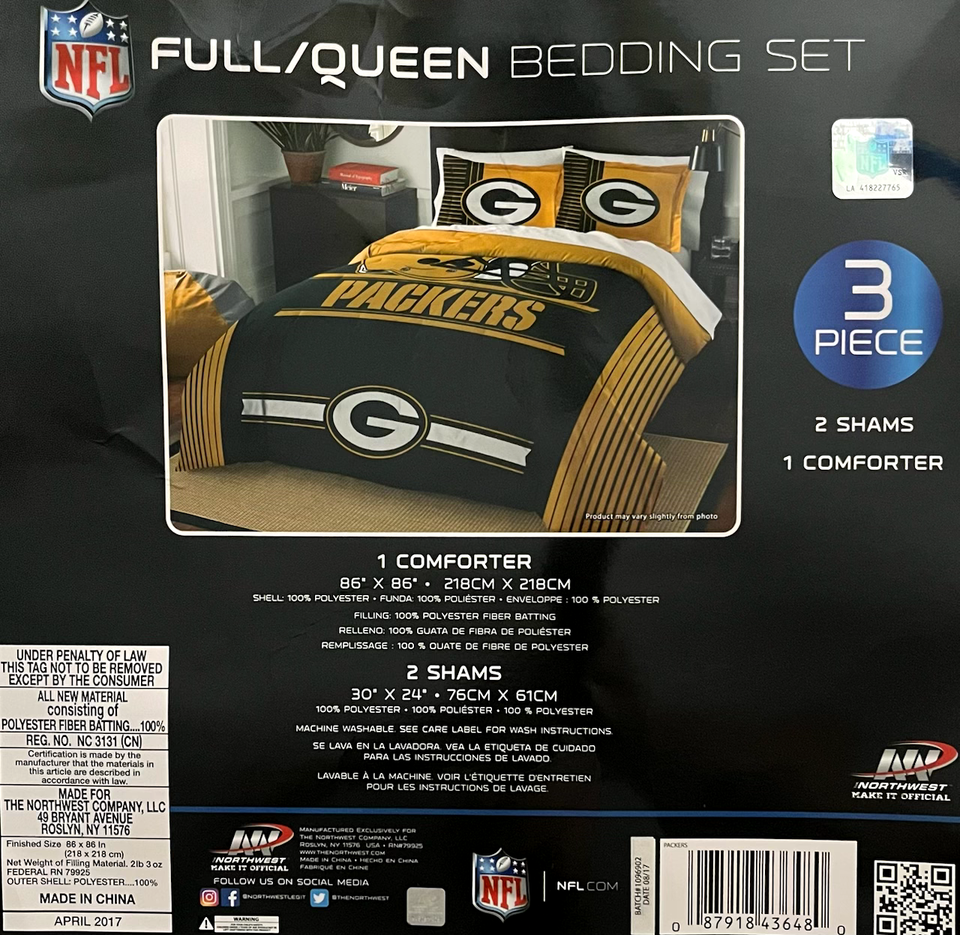 Green Bay Packers Full/Queen Comforter Bedding Set 3 Pcs NFL Northwest ...