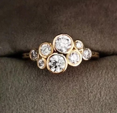 Real Moissanite 2 CT Round Cut Bezel Cluster Wedding Ring 14K Yellow ...