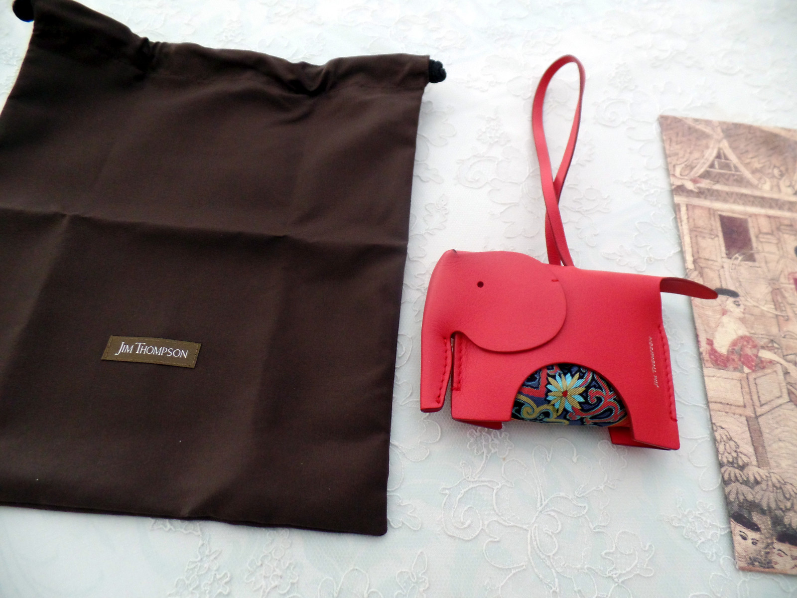 New Jim Thompson Silk Shopping Bag Red Leather Elephant Carrier ...