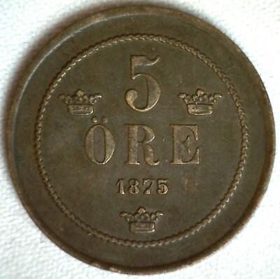 1875 Sweden Bronze 5 Ore Coin Very Fine Circulated Swedish Oscar II ...
