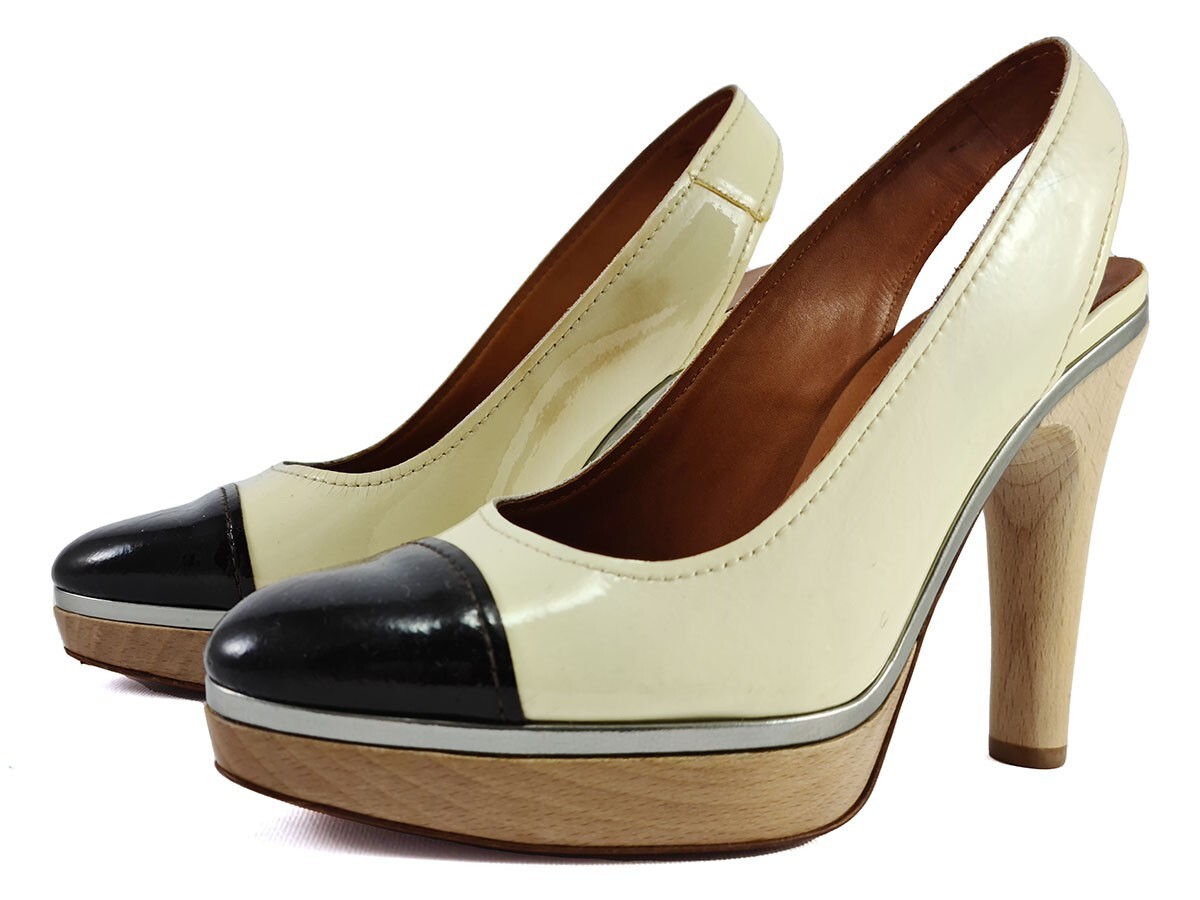 LANVIN Two Tone Patent Leather Wooden Heels Pumps Sho… - Gem