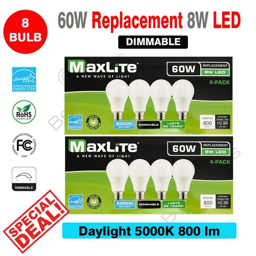 8 LED Light Bulb Maxlite Dimmable 8W Daylight A19 60W replacement 5000K ...