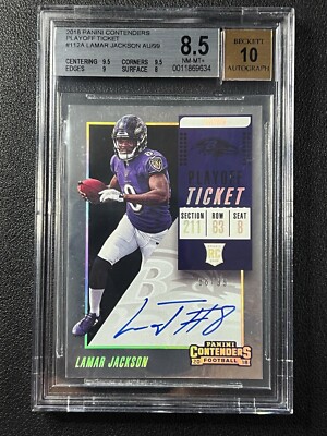 LAMAR JACKSON BGS 8.5 2018 PANINI CONTENDERS PLAYOFF TICKET ROOKIE AUTO ...
