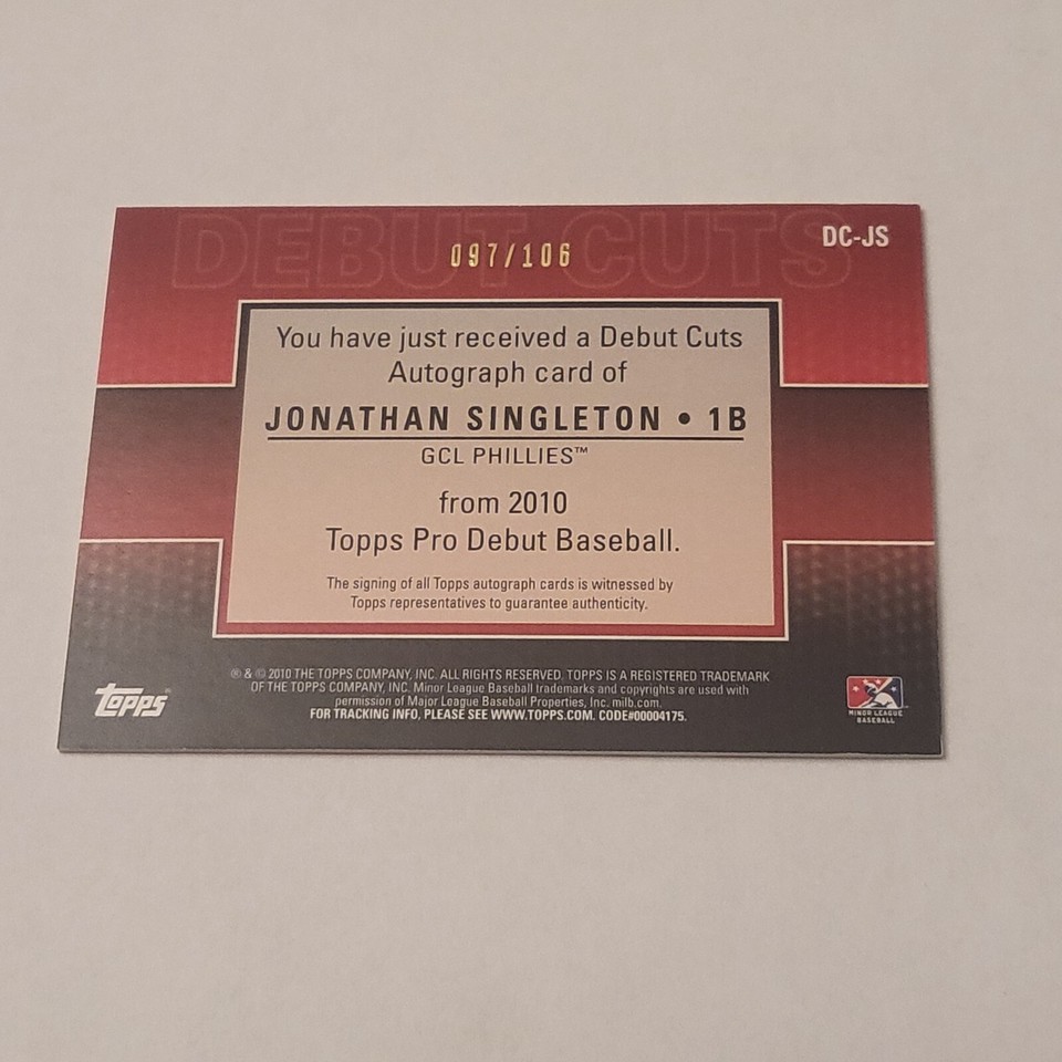 2010 TOPPS DEBUT CUTS AFLAC JONATHAN SINGLETON AUTO RC. AUTOGRAPH CD-JS ...