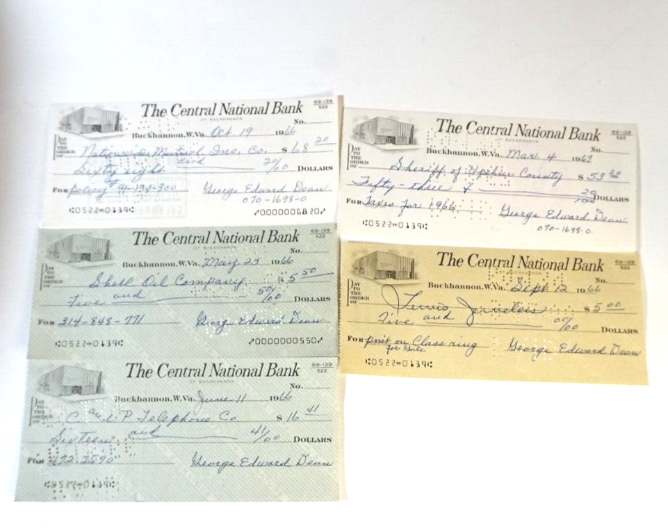 Lot of 5 Cancelled Checks The Central National Bank of Buckhannon WV ...