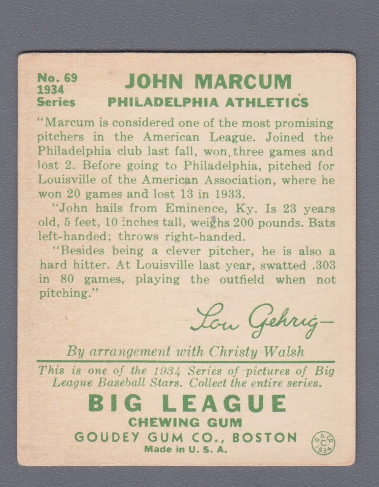 1934 Goudey #69 John Marcum Philadelphia Athletics Baseball Card Vg/Ex ...
