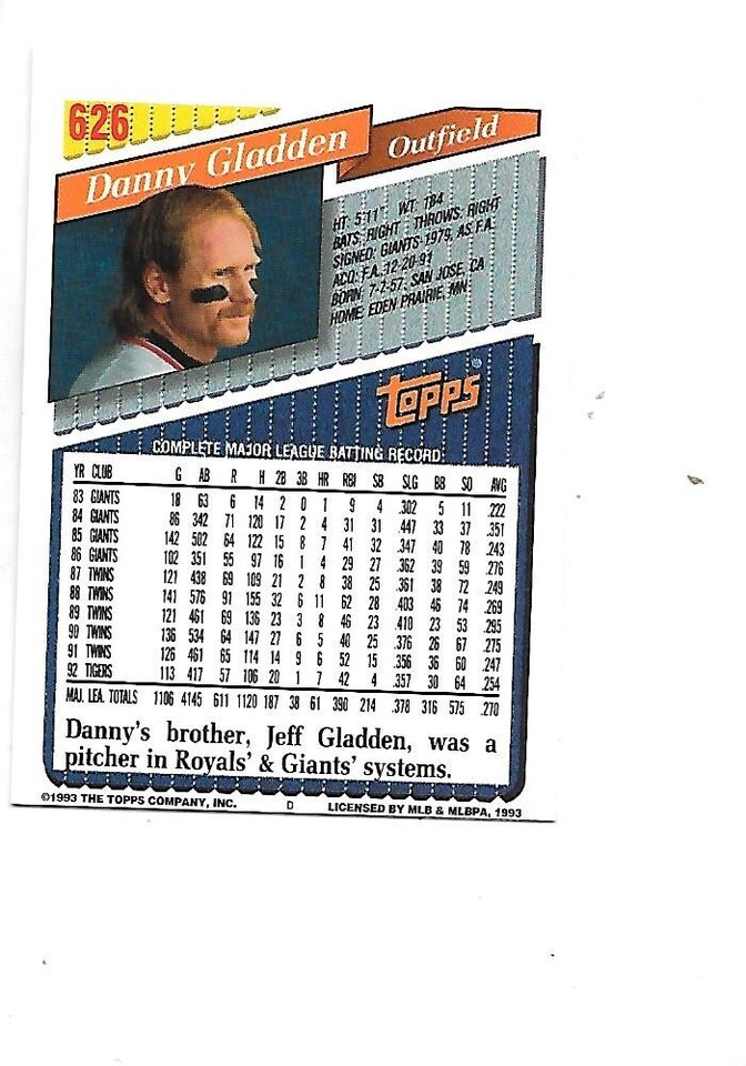 Danny Gladden 1993 Topps Gold Baseball Card #626 Tigers | eBay