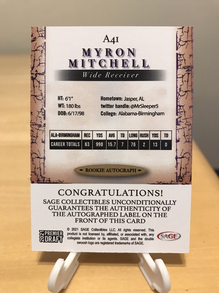 MYRON MITCHELL ROOKIE AUTOGRAPH CARD 2021 SAGE PREMIER DRAFT UAB ...