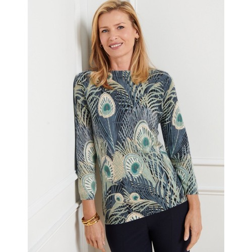 $200 TALBOTS CASHMERE PEACOCK FEATHER PRINT 3/4 SLEEVE SWEATER SZ Small ...