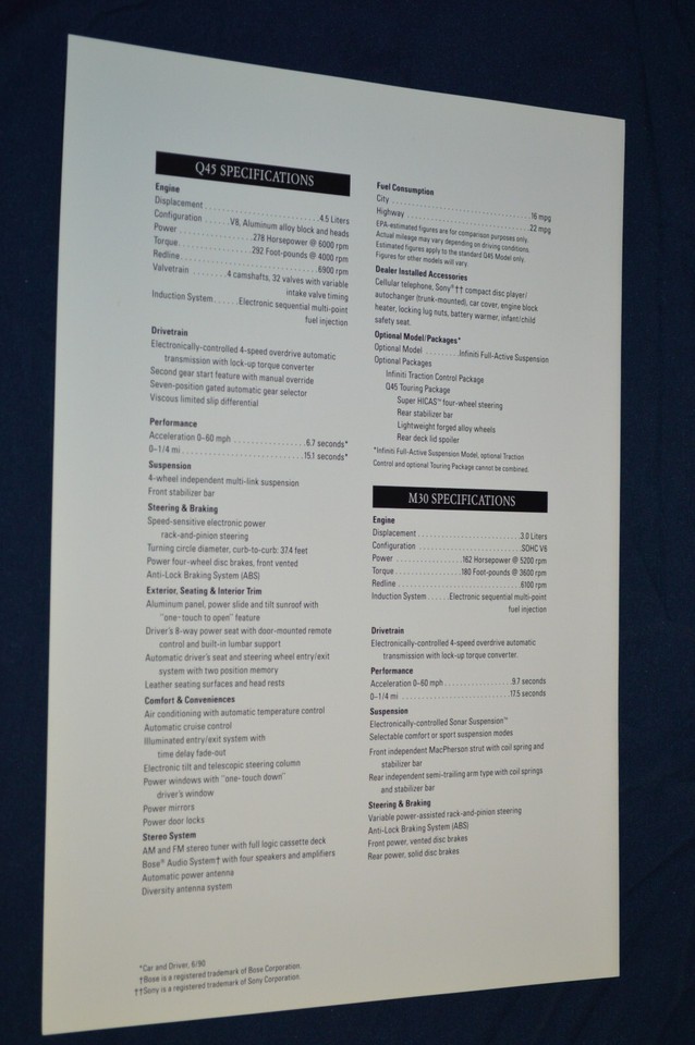 1991 Infiniti Q45 Specs Sheet Original Dealer Advertisement Print Ad 90 ...