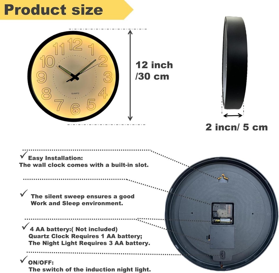 12" Luminous Wall Clock Silent Non-Ticking Quartz with Large Numbers ...