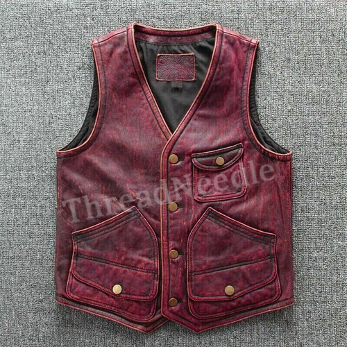 Men's Biker Vintage Burgund Red Distressed Motorcycle Real Leather Vest ...