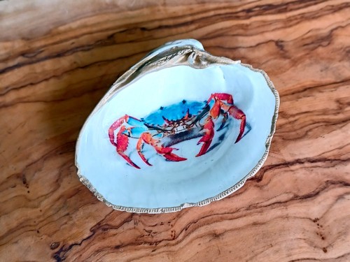 Blue Crab Decoupage Clam Shell - Gold and White Ring Dish, Painted ...