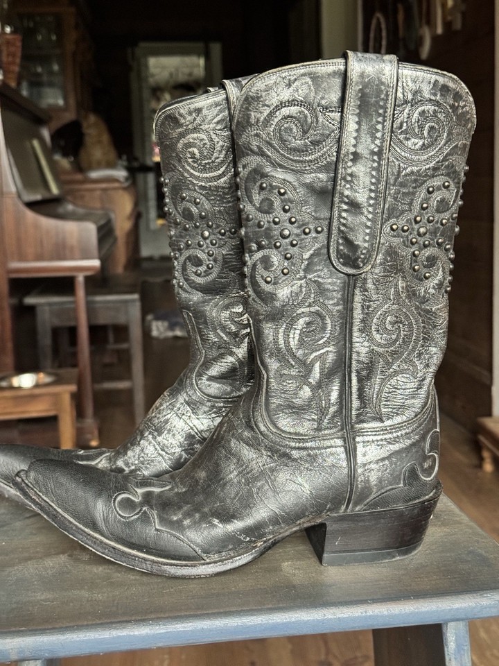 RARE Vintage Luccese “Diva” Agata Silver/Black Leather Cowboy Boots | eBay