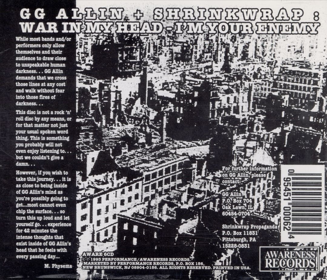 I'm Your Enemy / War in My Head by Allin, Gg (CD, 1995) for sale online ...