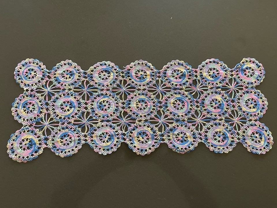 Vintage Hand Made Crochet Doilie Runner Delicate Pastel Rainbow 9.5x24 ...