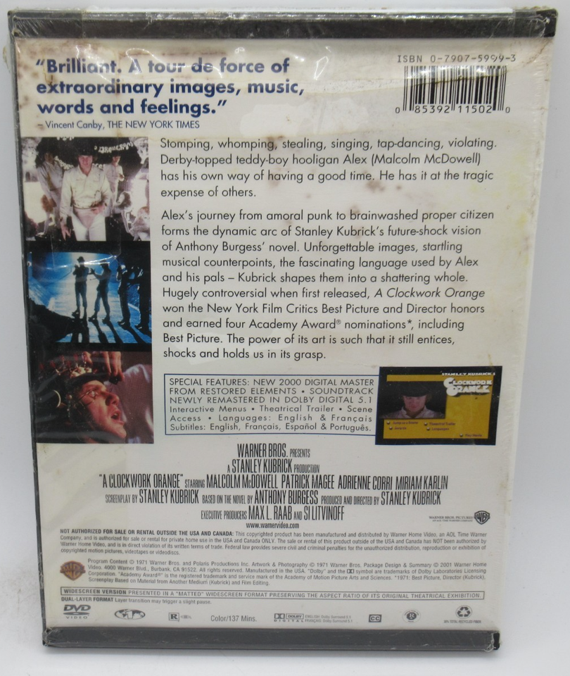 CLOCKWORK ORANGE - STANLEY KUBRICK COLLECTION DVD MOVIE, MALCOLM ...