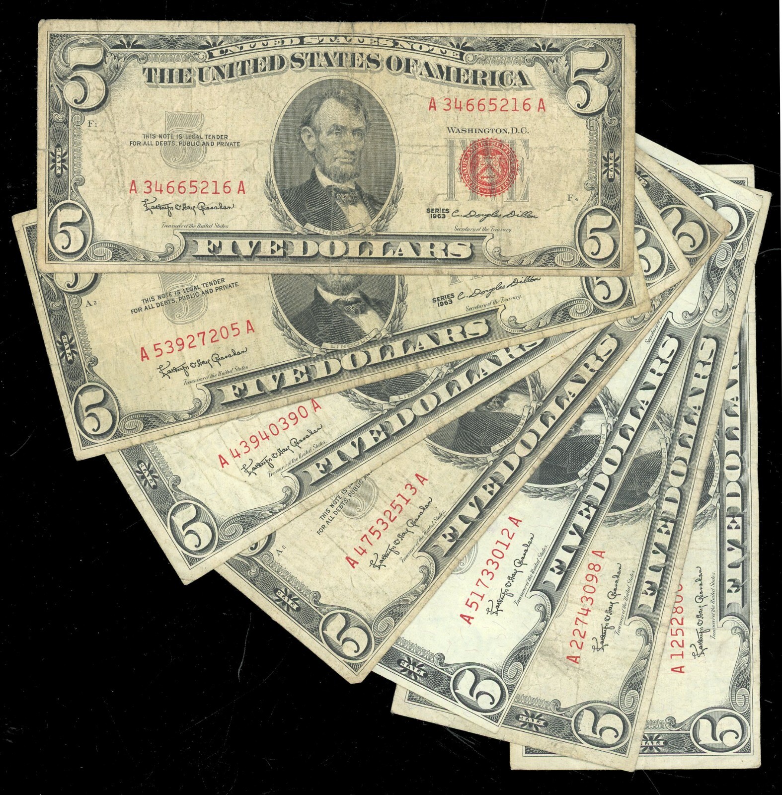 $5 1963 United States Note Red Seal Circulated Legal Tender Note Random ...