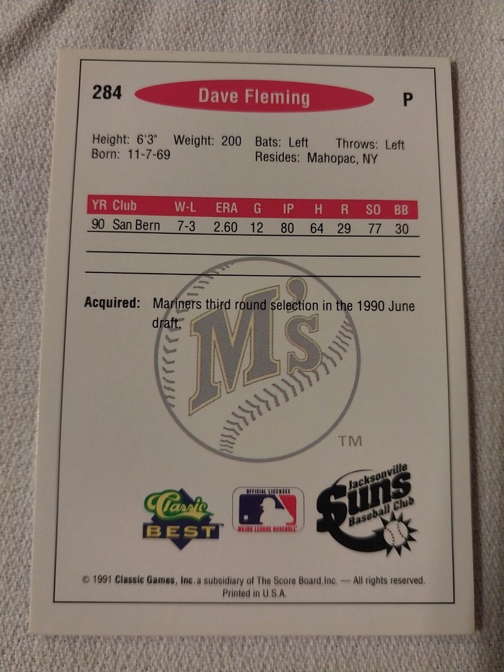 1991 DAVE FLEMING CLASSIC MINOR LEAGUE BASEBALL ROOKIE CARD RC #284 ...