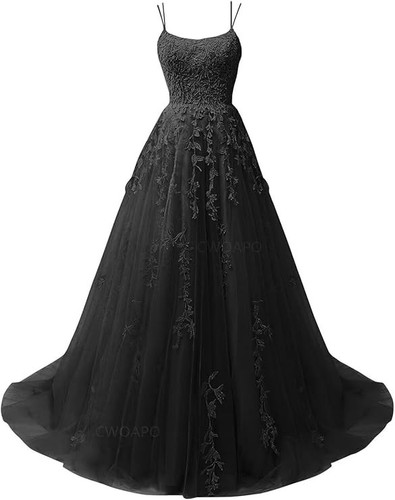 Spaghetti Straps Long Prom Dresses Ball Gown Lace Appliques Tulle Sz ...