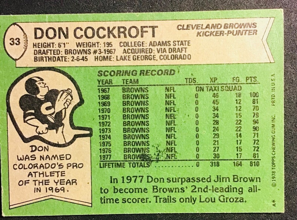 Cleveland Browns DON COCKROFT autographed signed auto 1978 TOPPS ADAMS ...