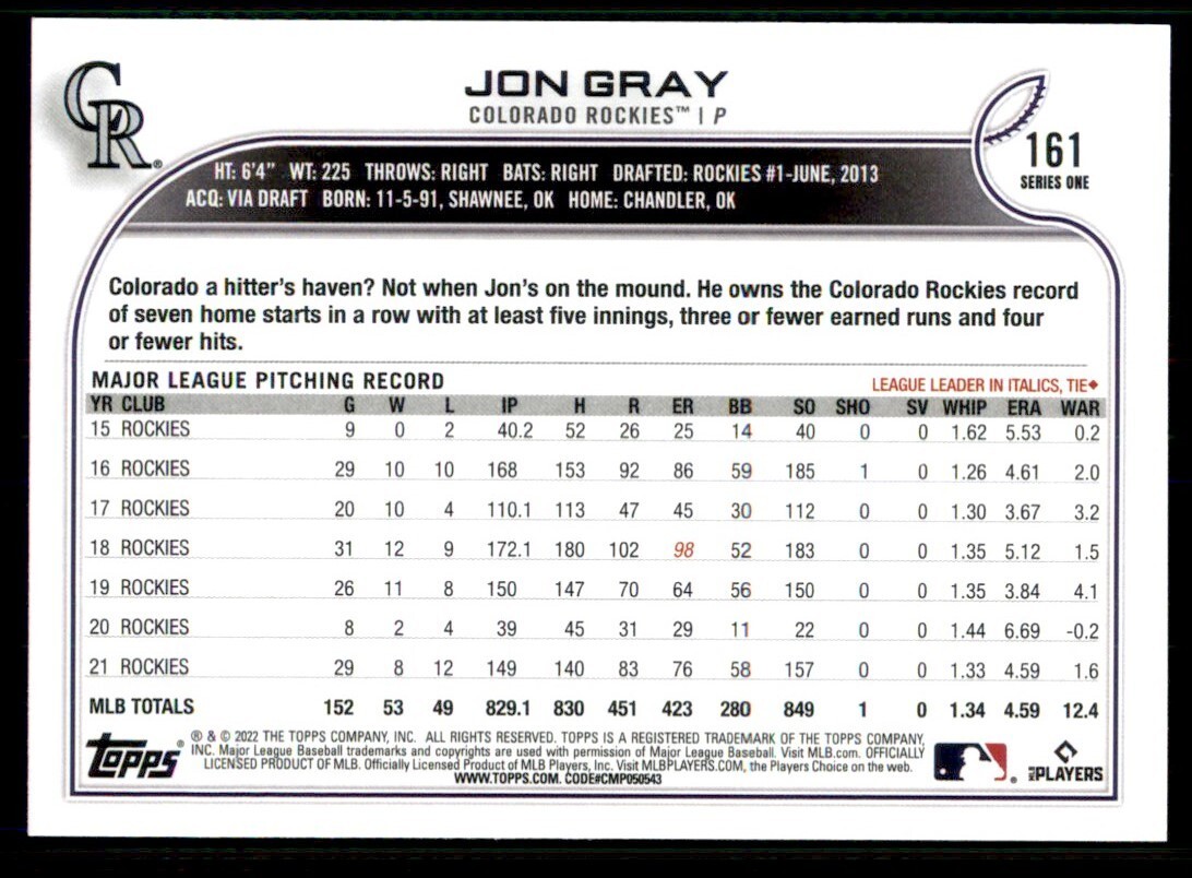 2022 Topps Baseball #161 Jon Gray | eBay